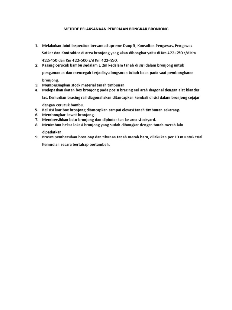 Metode Pelaksanaan Pekerjaan Bongkar Bronjong Rev 2 | PDF