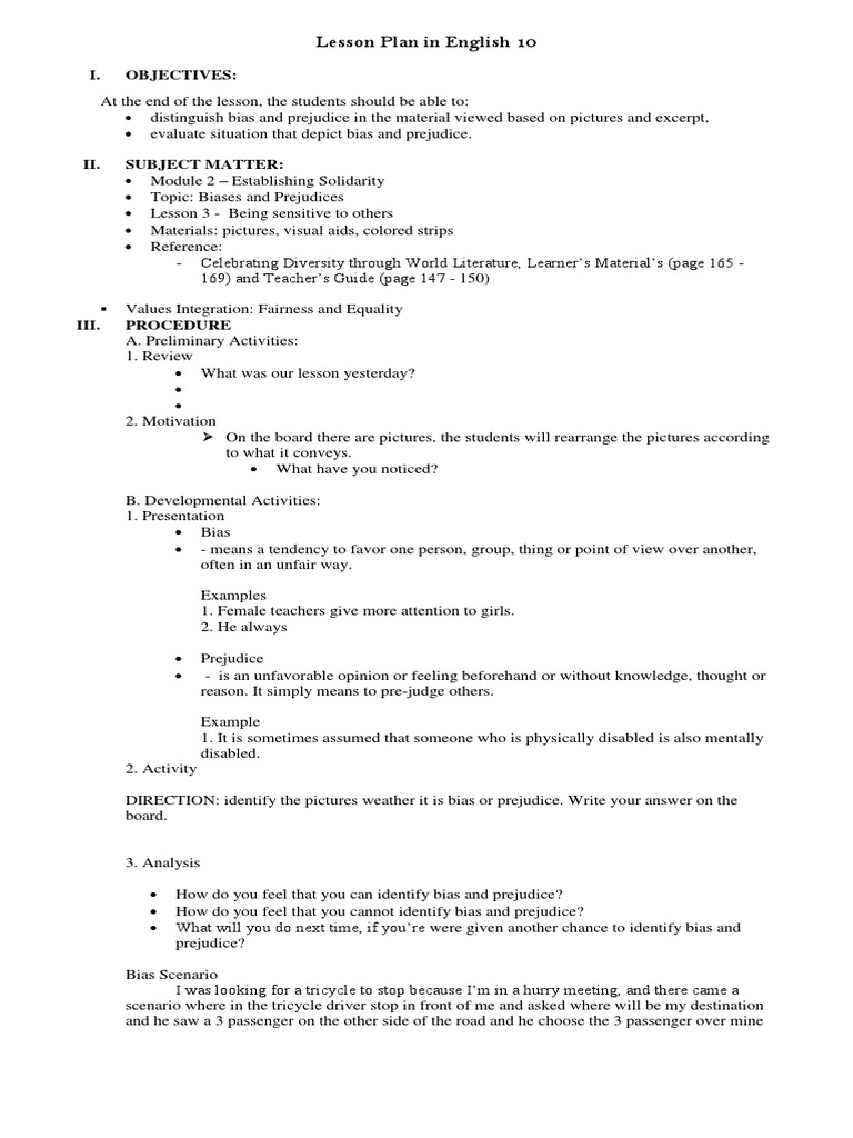 Lesson Plan on Bias and Prejudice | PDF | Bias | Prejudices