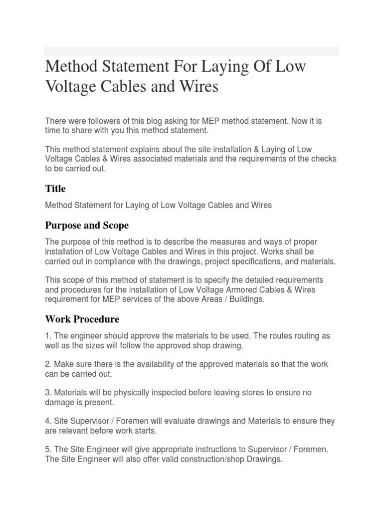 Method Statement For Laying of Low Voltage Cables and Wires | PDF | Wire | Insulator (Electricity)
