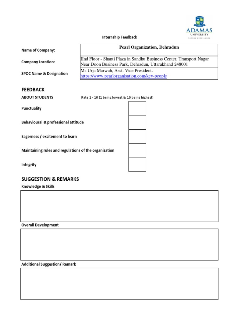 Internship Feedback Form (Pearl) | PDF