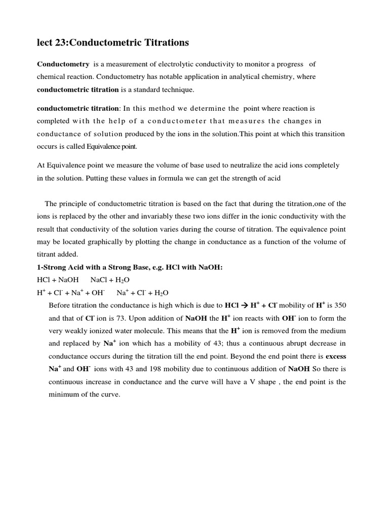 Lect 23 - Conductometric Titrations | PDF | Titration | Chemistry