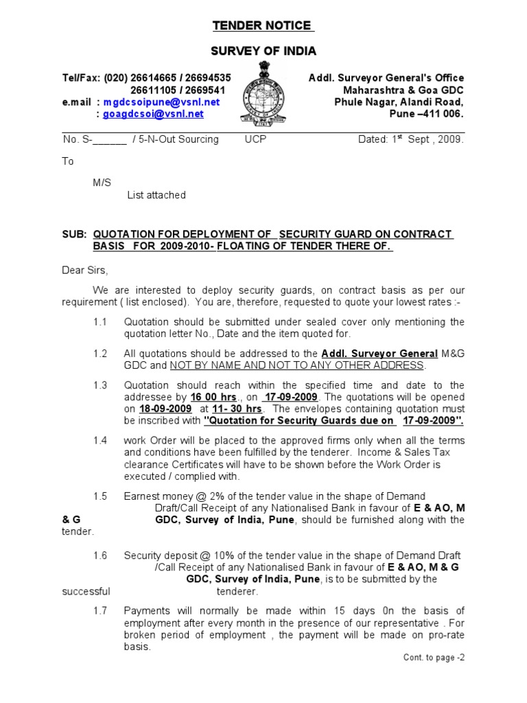 Tender Notice For Security Guard | PDF | Security Guard | Contractual Term