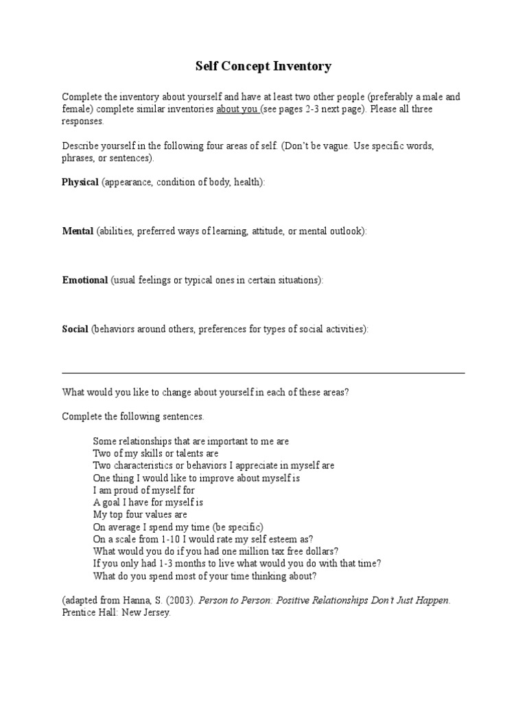 Self Concept Inventory | PDF | Self Concept | Attitude (Psychology)