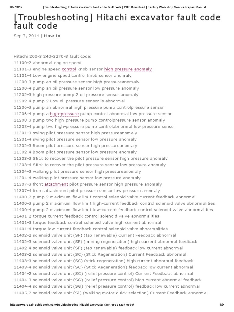 Hitachi Excavator Fault Codes Guide | PDF | Fuel Injection | Diesel Engine
