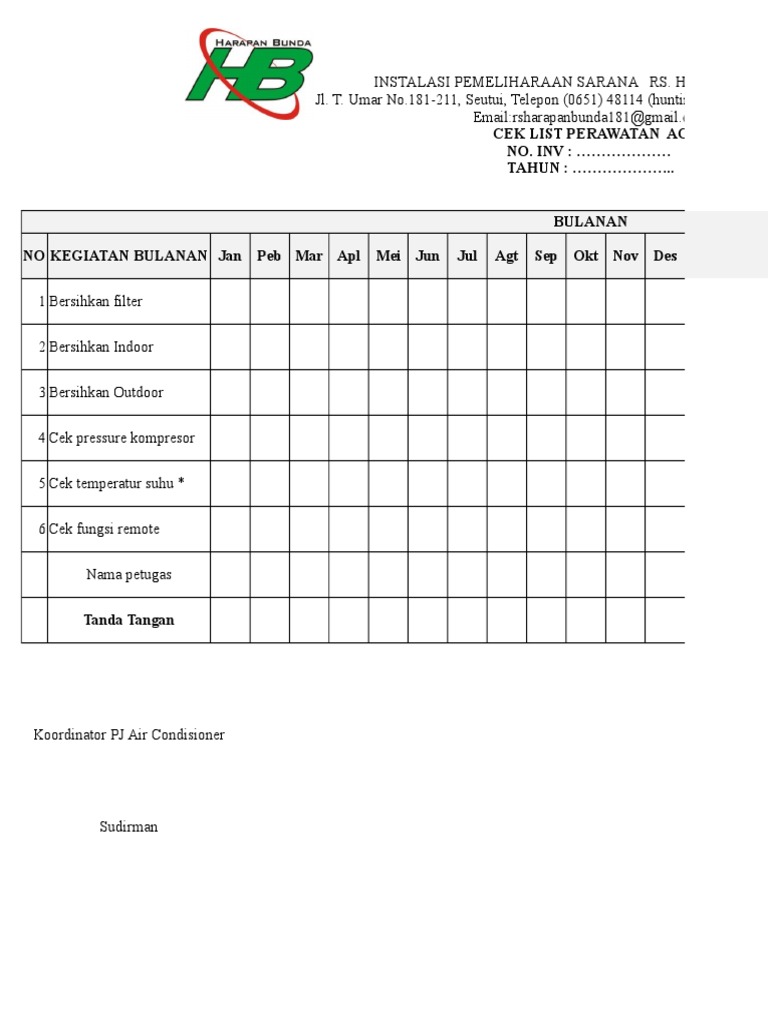 Checklist Pemeliharaan AC Bulanan | PDF