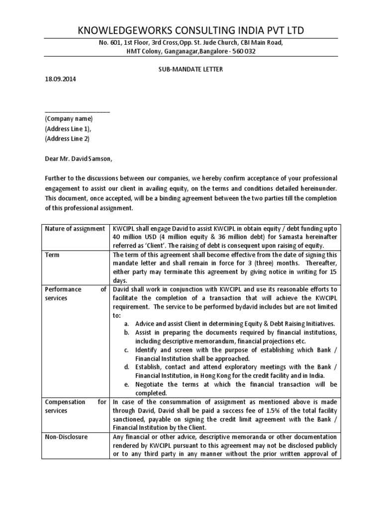 KWCIPL Sub-Mandate Format | PDF | Non Disclosure Agreement | Debt
