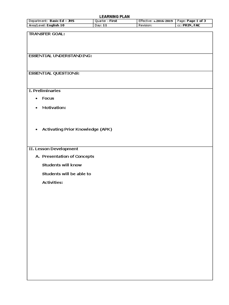 Transfer Goal:: Learning Plan | PDF