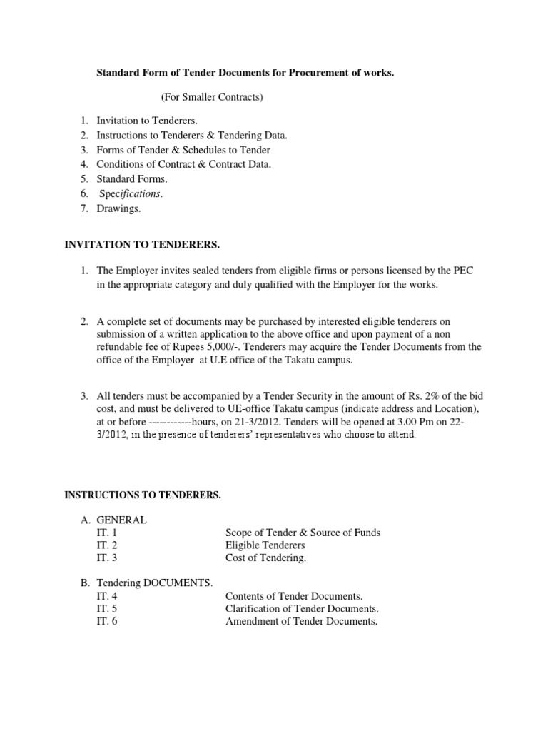 Standard Form of Tender Documents For Procurement of Works. (For ...