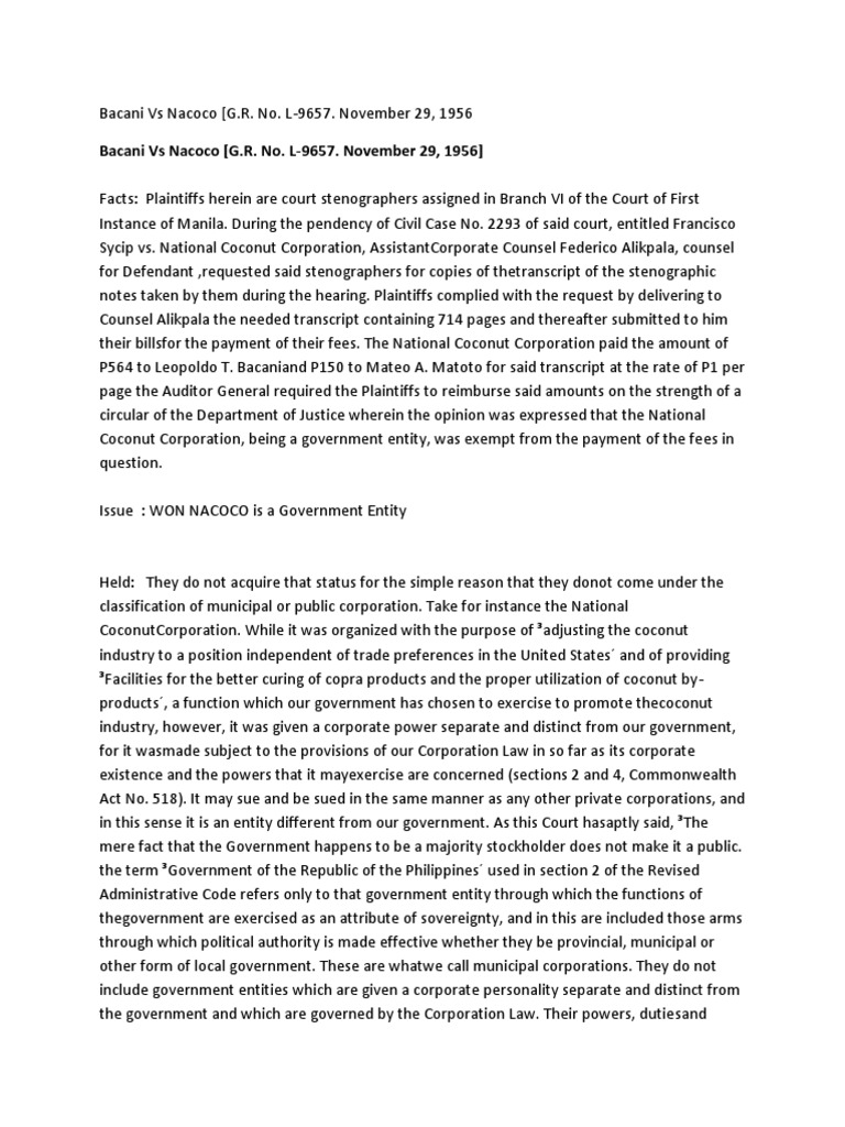 Bacani vs. Nacoco November 29 1956 CASE DIGEST | PDF | Corporations | Government