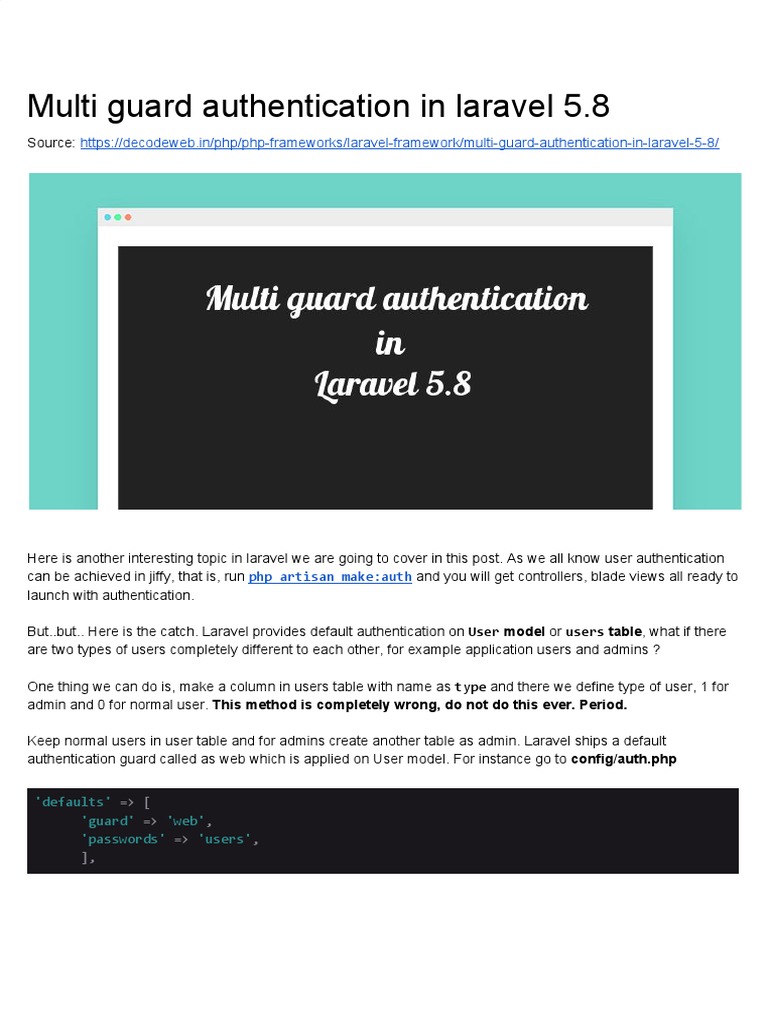 Multi Guard Authentication in Laravel 5.8 | PDF | Authentication | Data Management