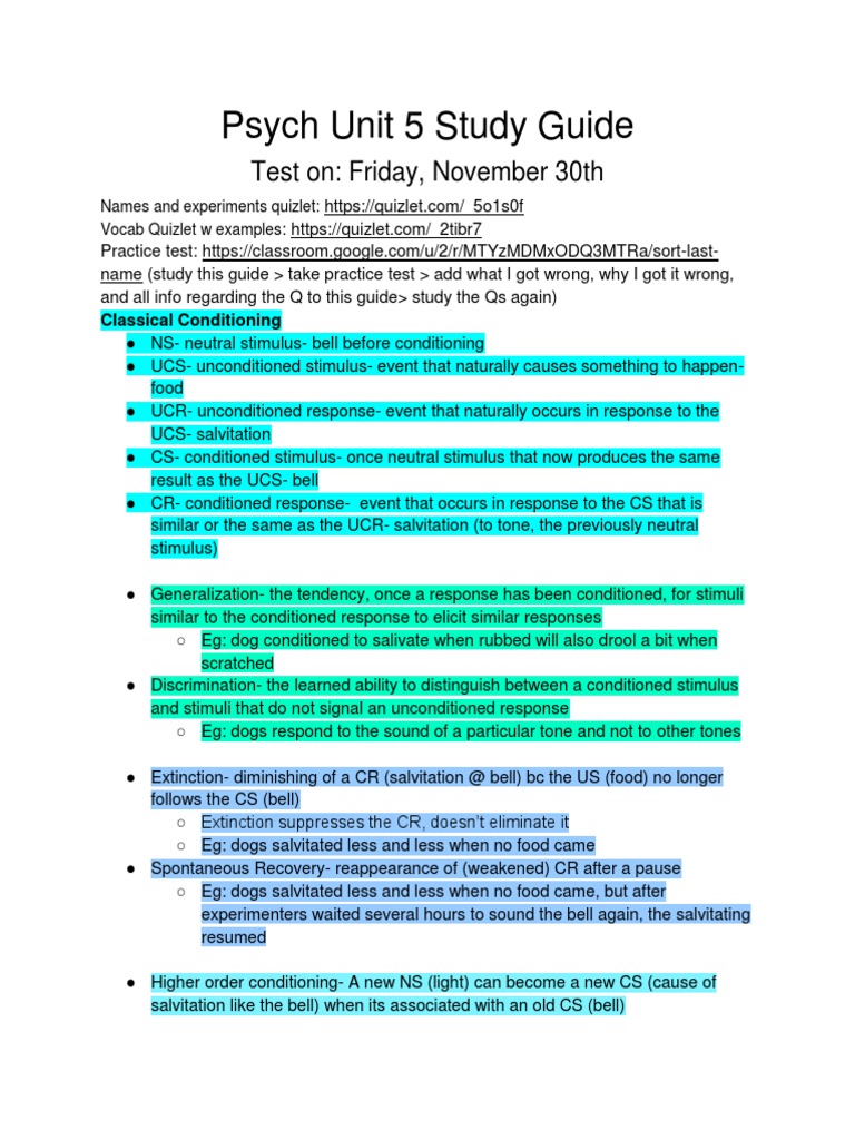 Psych Unit 5 Study Guide | PDF | Classical Conditioning | Hypnosis