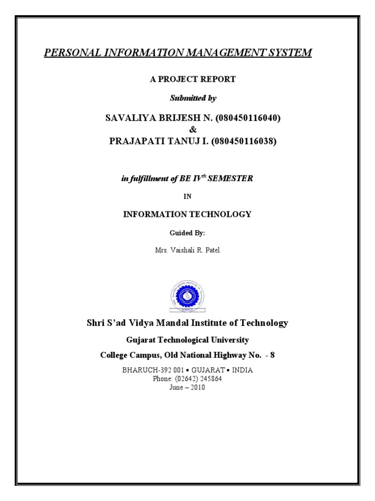 Personal Information Management System: SAVALIYA BRIJESH N ...