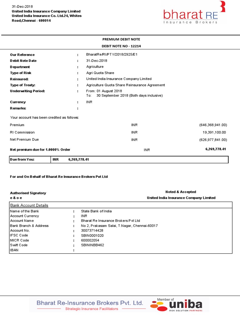 Premium Debit Note Debit Note No - 12214: Bank Account Details | PDF | Law