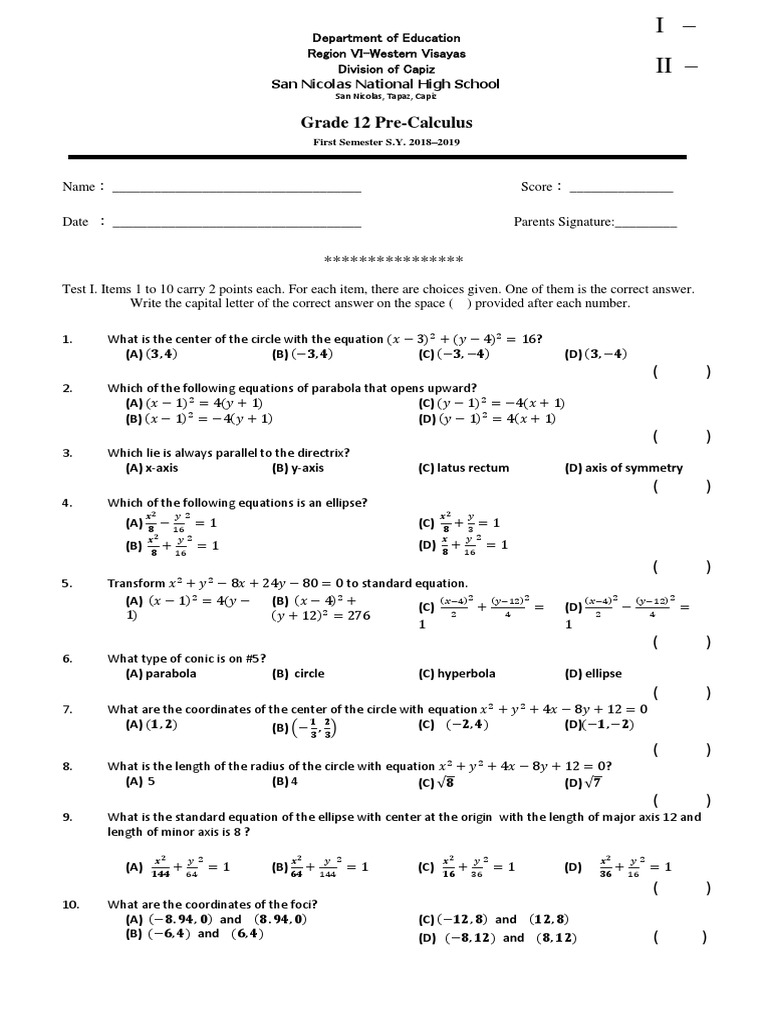 Grade 12 Pre-Calculus: San Nicolas, Tapaz, Capiz | PDF | Geometric ...