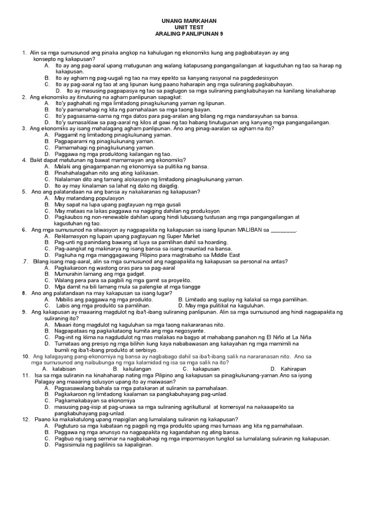 Long Test in AP 9 - First Grading | PDF