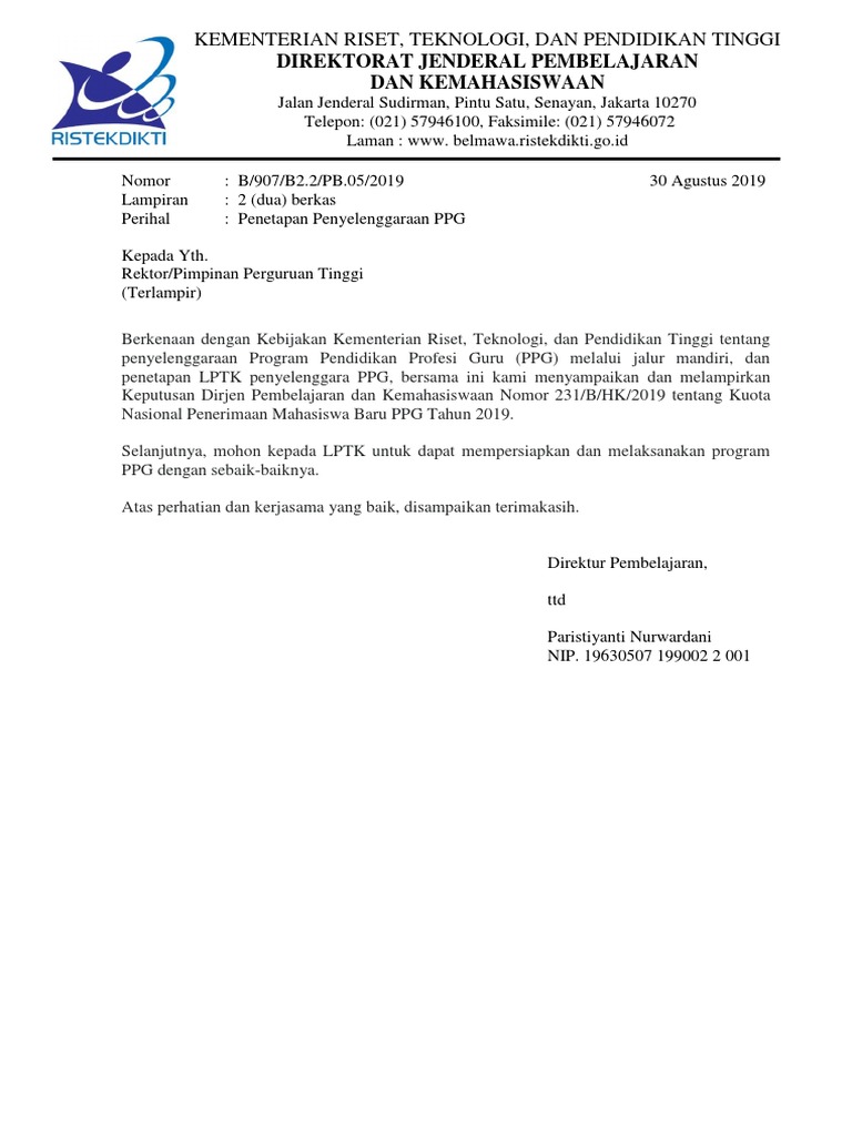 Surat Penetapan LPTK Dan Lampiran Kuota PPG PDF | PDF