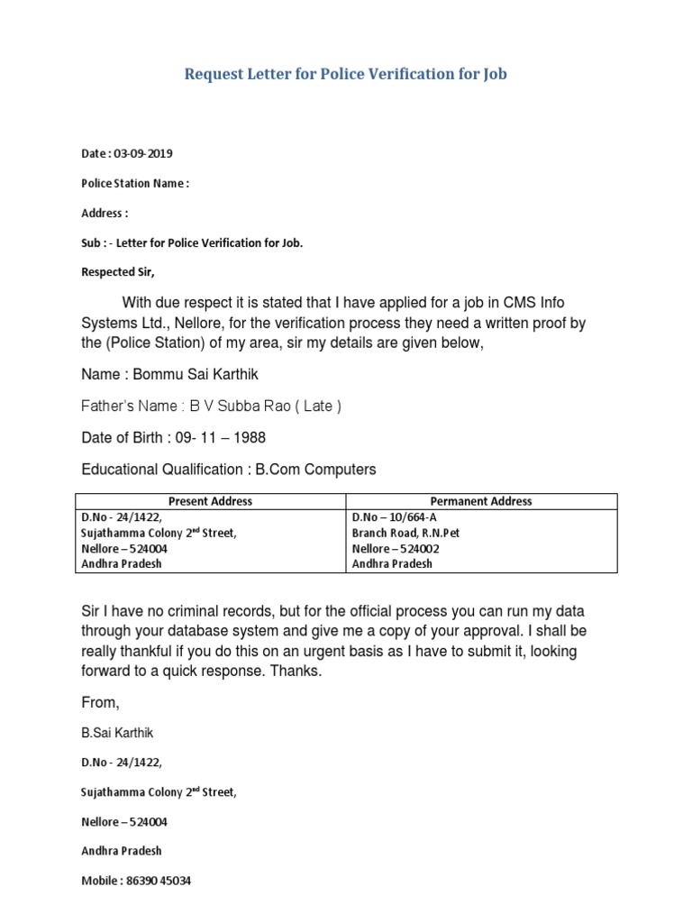 Request Letter For Police Verification For Job | PDF