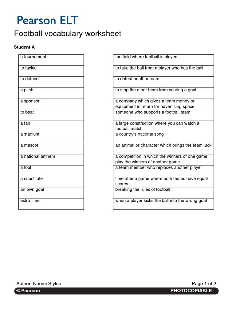 Football Vocabulary Worksheet: Student A | PDF | Association Football ...