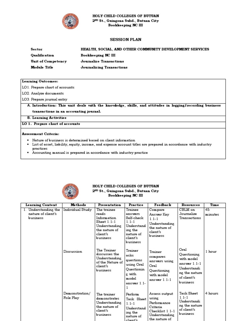 Session Plan | PDF | Bookkeeping | Debits And Credits