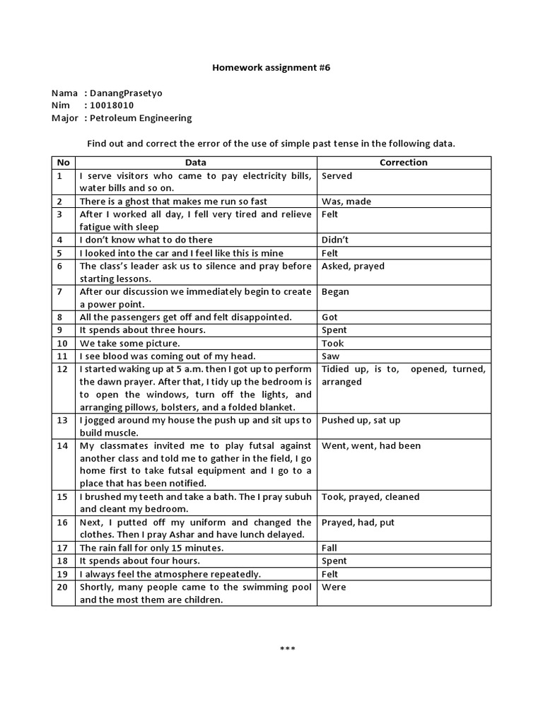 Simple Past Tense Error Corrections | PDF