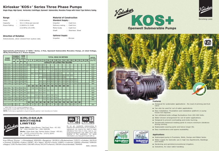 Kirloskar KOS+' Series Three Phase Pumps | Download Free PDF | Pump ...