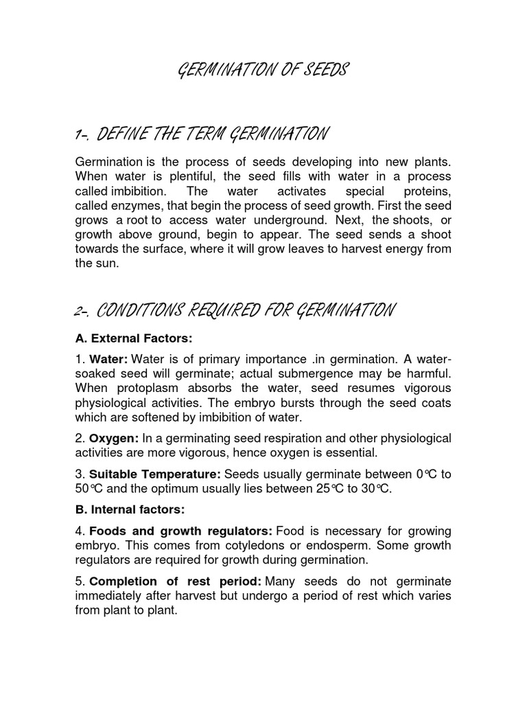 Germination of Seeds 1-. Define The Term Germination: A. External ...