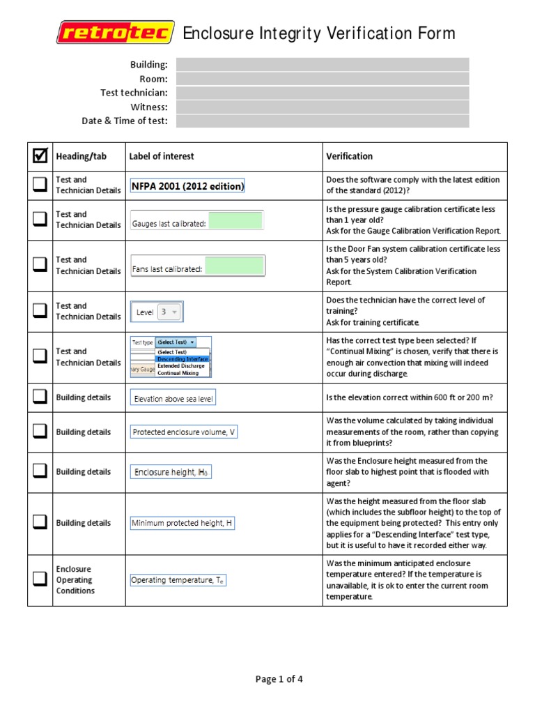 Enclosure Integrity Verification Form: Building: Room: Test Technician ...