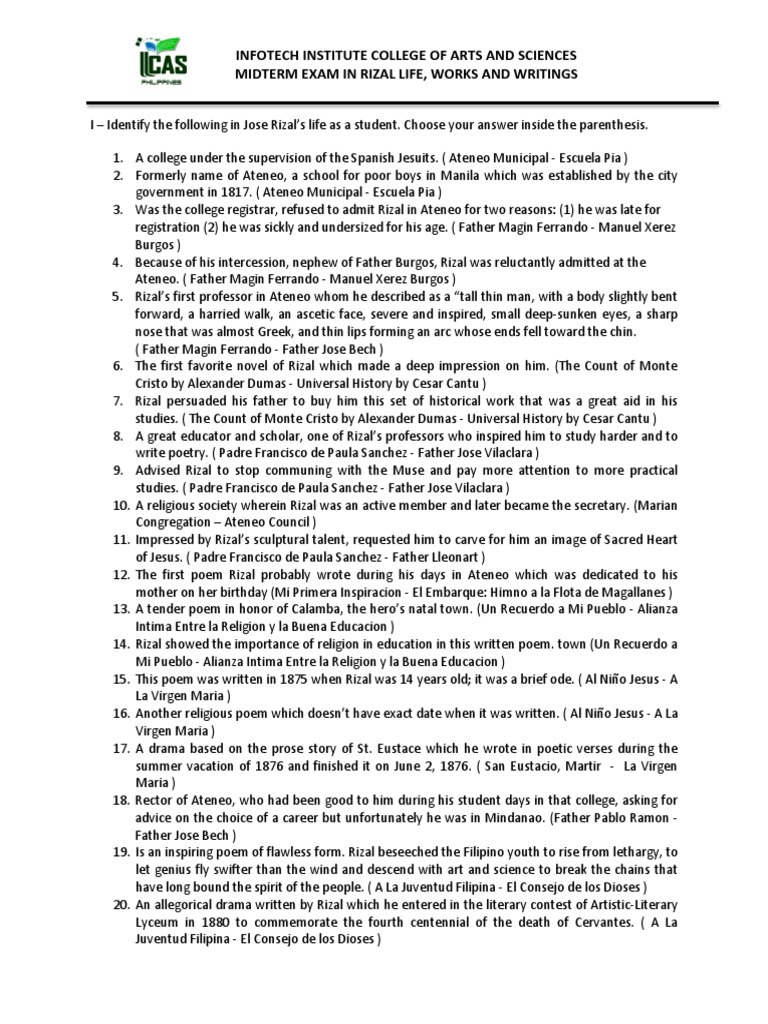 Infotech Institute College of Arts and Sciences Midterm Exam in Rizal Life, Works and Writings ...