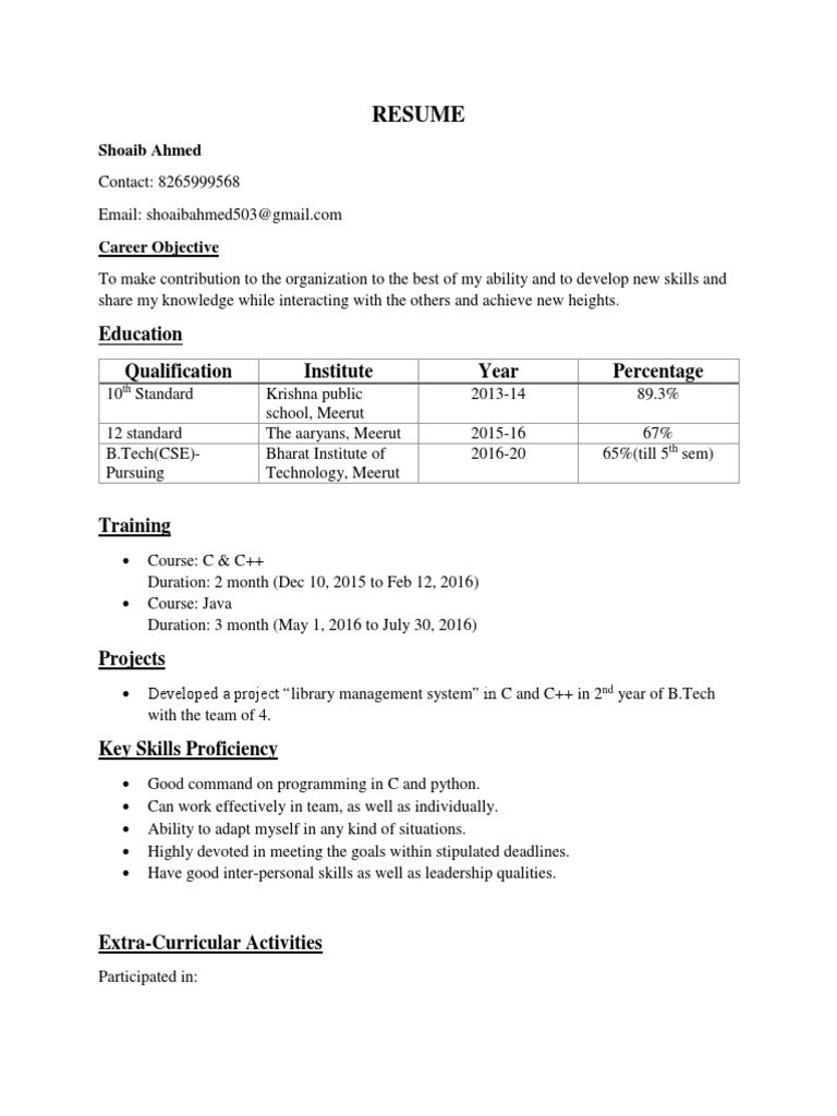 Resume: Education Qualification Institute Year Percentage | PDF