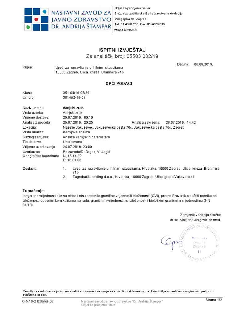 04 Prilog - GU Za Zdravstvo - Prilog - Analize Nastavnog Zavoda DR Andrija Štampar | PDF