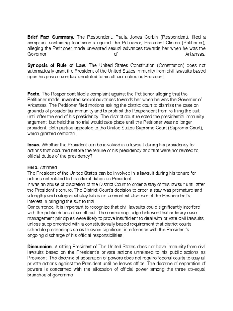 Clinton v. Jones (DIGEST) | PDF | Presidents Of The United States ...