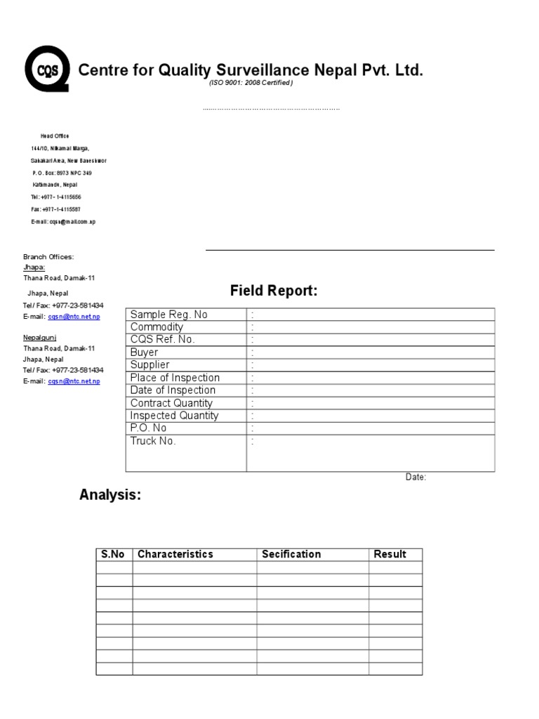 Centre For Quality Surveillance Nepal Pvt. LTD.: Field Report | PDF