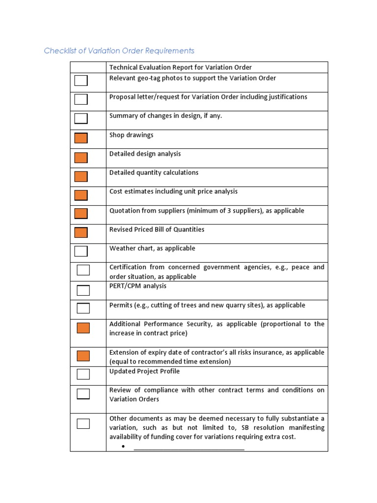 Variation Order Requirements Checklist | PDF | Technology & Engineering