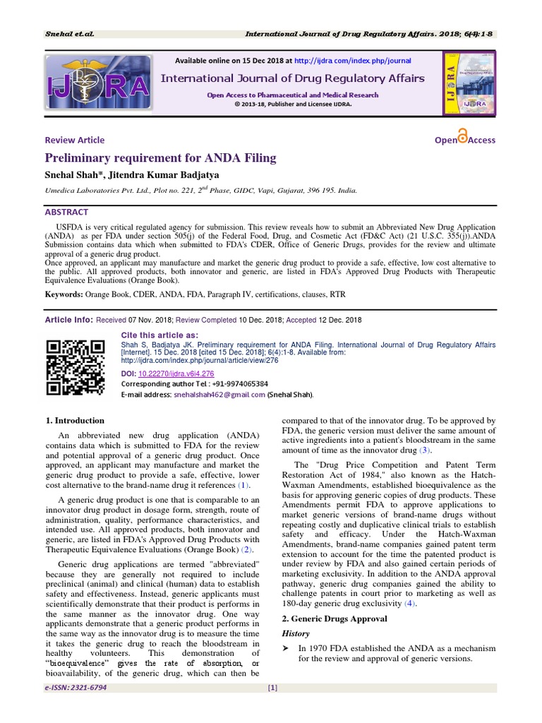 Preliminary Requirement For ANDA Filing: International Journal of Drug ...