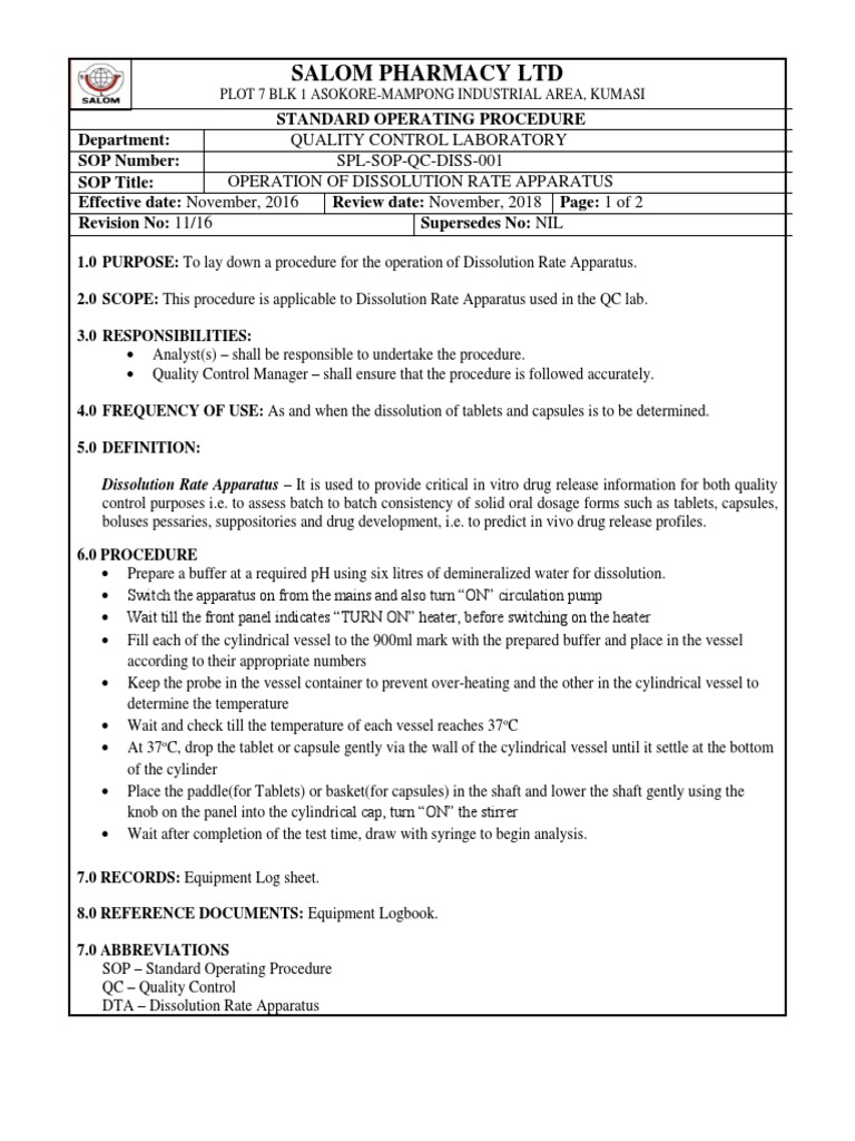 Salom Pharmacy LTD: Quality Control Laboratory SPL-SOP-QC-DISS-001 ...