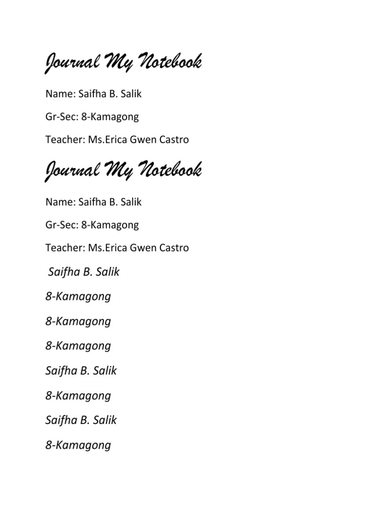 Journal My Notebook: Name: Saifha B. Salik Gr-Sec: 8-Kamagong Teacher ...