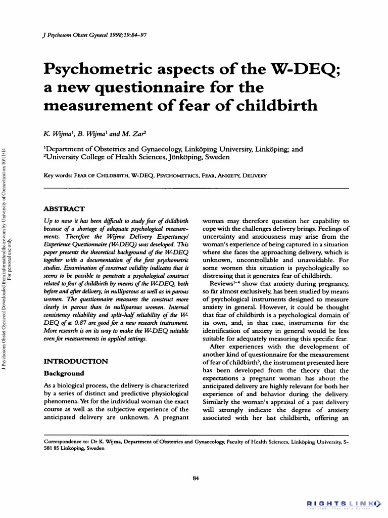 Psychometric Aspects of The W-DeQ Wijma | PDF | Childbirth | Psychometrics