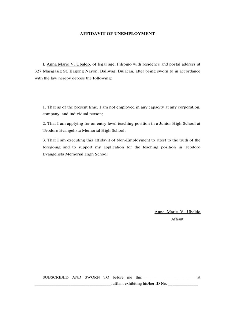 Affidavit of Unemployment: Affiant | PDF