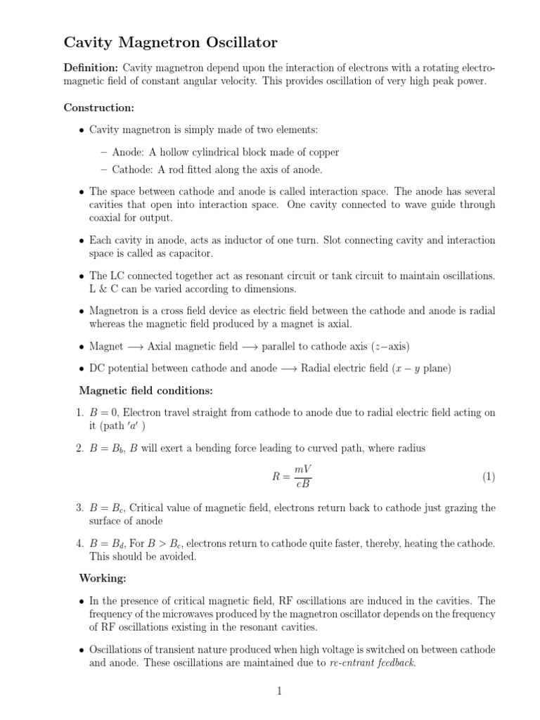 Cavity Magnetron Oscillator Overview | PDF | Electron | Electricity