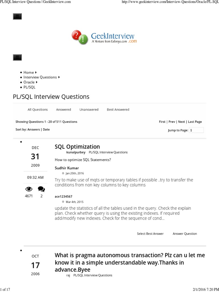 SQL Interview Questions - GeekInterview | PDF | Pl/Sql | Subroutine