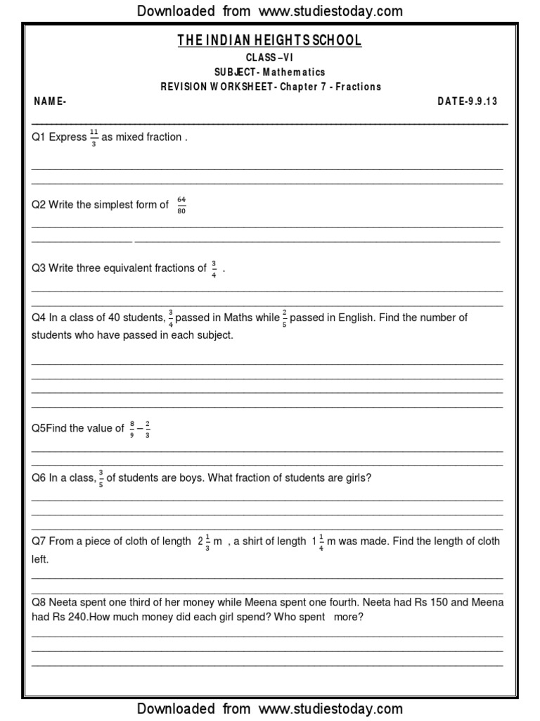 CBSE Class 6 Fractions Worksheet | PDF | Teaching Mathematics | Science