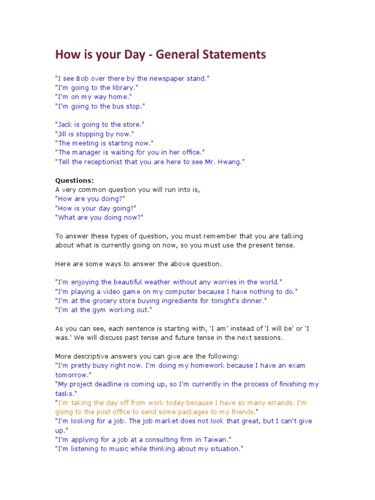 How Is Your Day - General Statements: Questions | PDF | Career & Growth ...