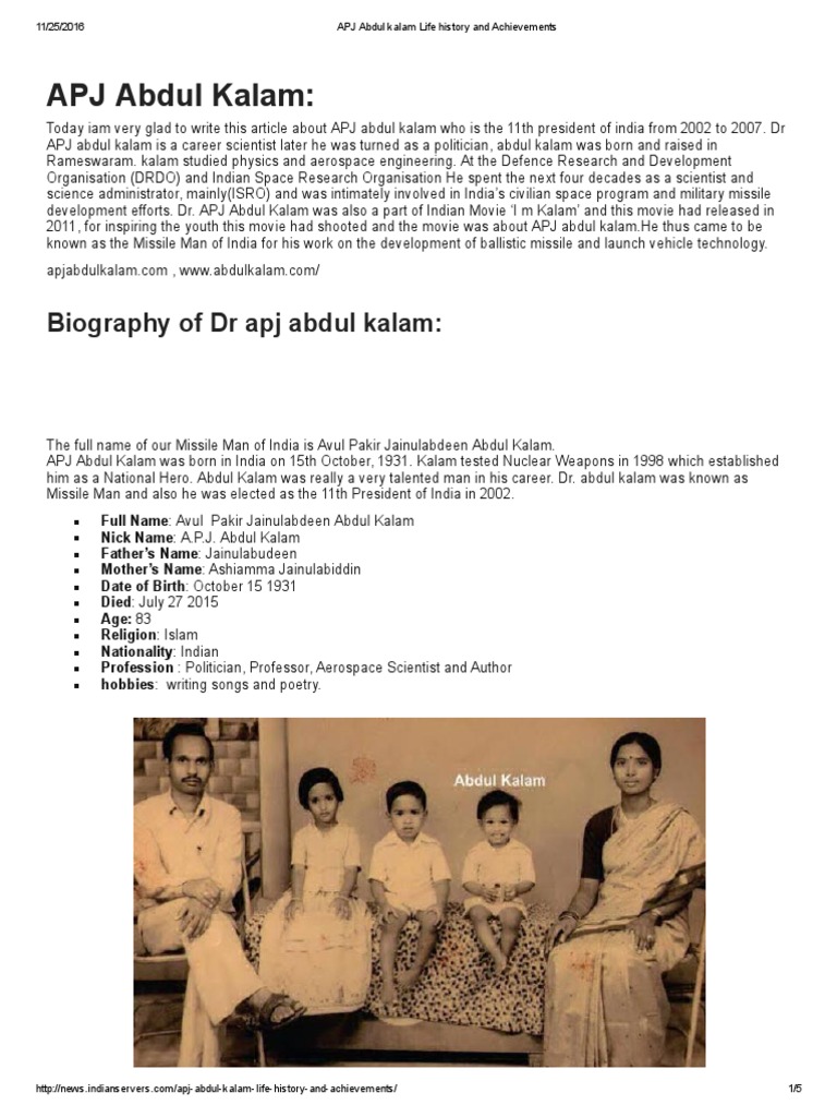 APJ Abdul Kalam Life History and Achievements | PDF