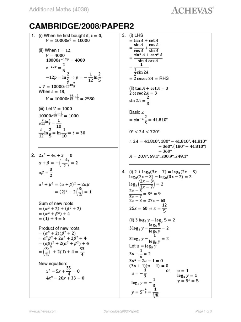 O Level A Maths 2008 Paper 2 | PDF | Elementary Geometry | Differential ...