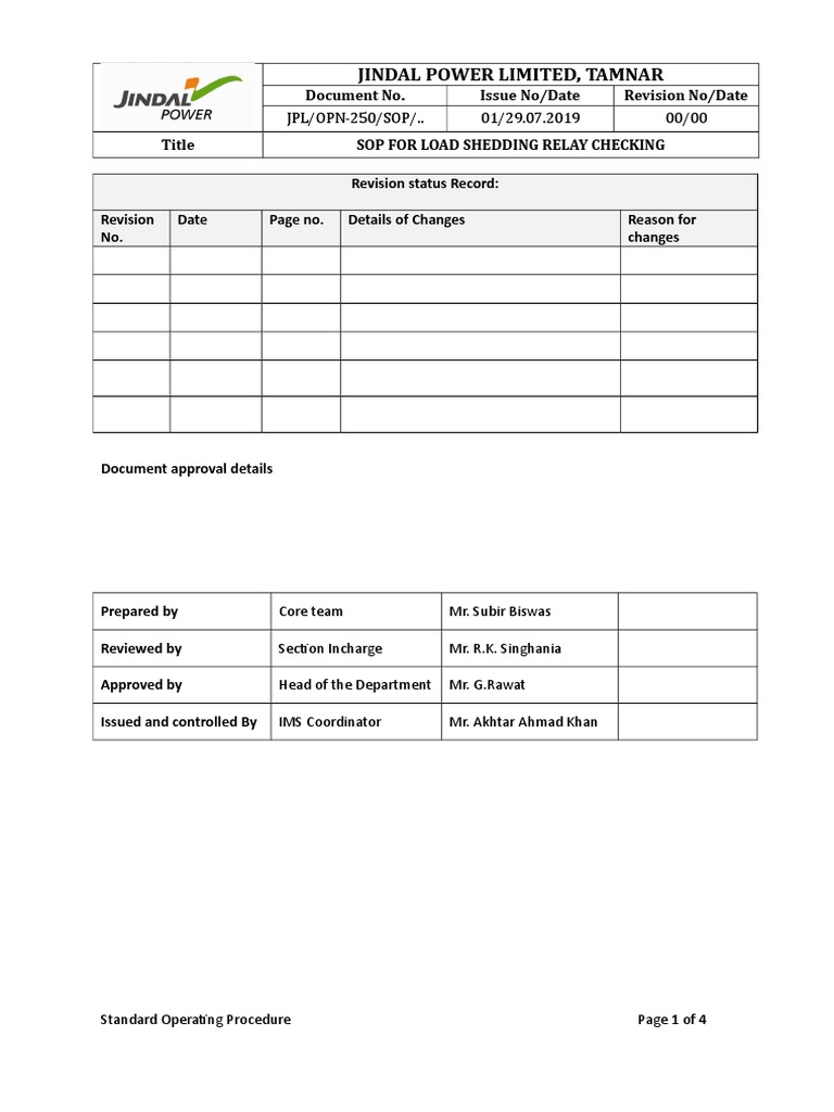 Jindal Power Limited, Tamnar: JPL/OPN-250/SOP/.. 01/29.07.2019 00/00 ...