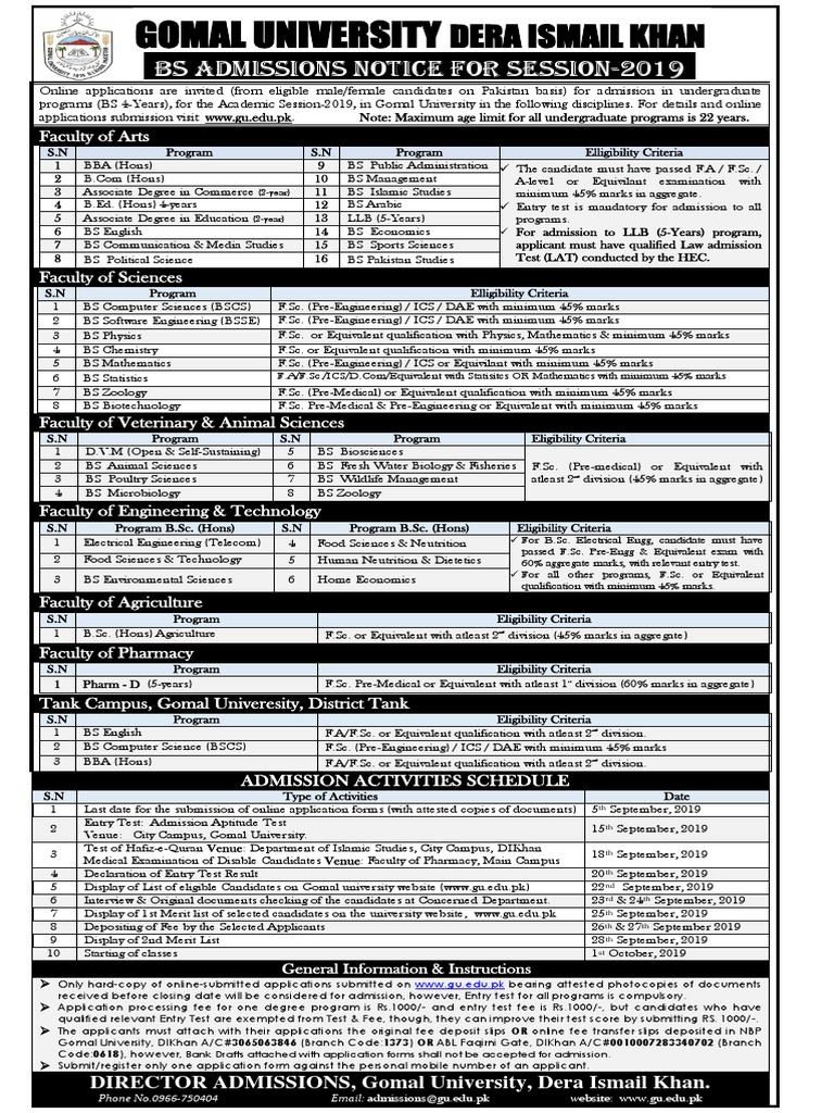 Gomal University BS Admissions Notice 2019 | PDF | Bachelor Of Science | University And College ...