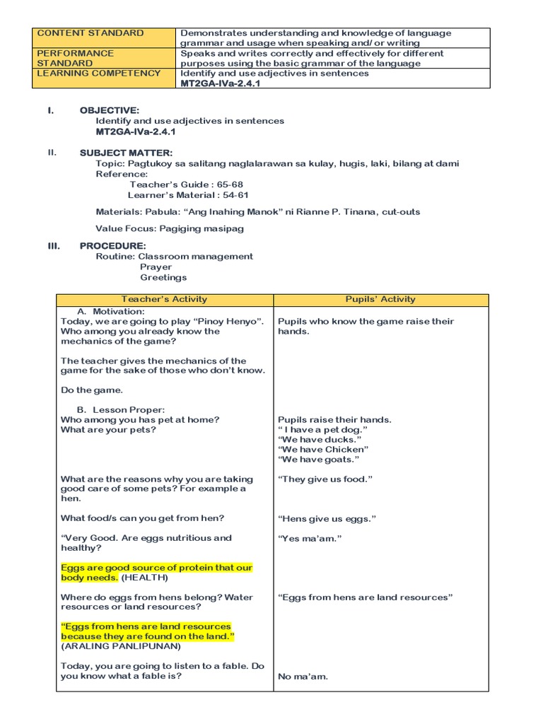 Adjectives Lesson Plan | PDF | Lesson Plan | Syntax