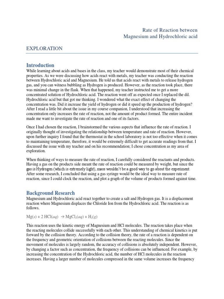 Rate of Reaction Between Magnesium Strip and HCL | PDF | Reaction Rate ...