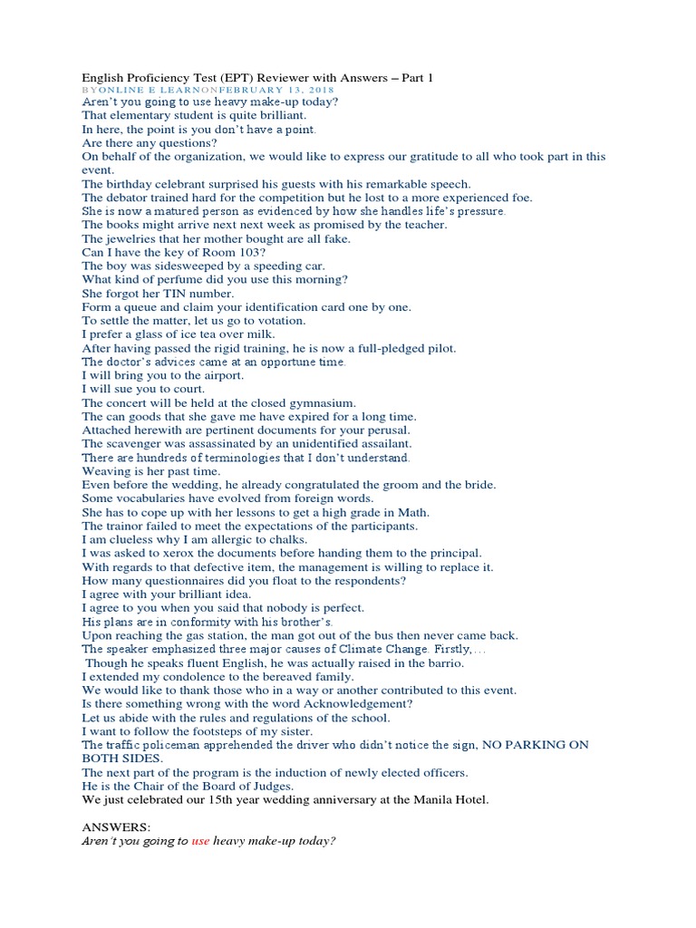 English Proficiency Test (EPT) Reviewer With Answers - Part 1 | PDF