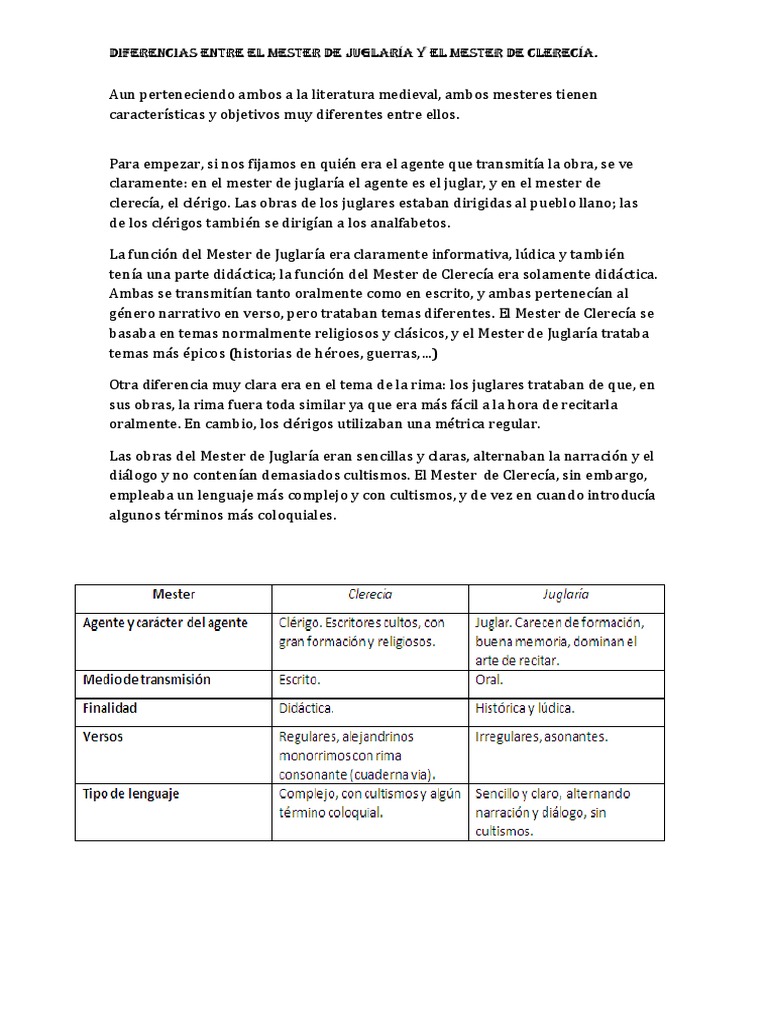 Diferencias entre Mester de Juglaría y Clerecía | PDF | Literatura ...
